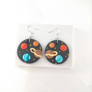 Space Dangle Earrings, Silver Hooks, Saturn Clay Earrings, Clay Planet ...