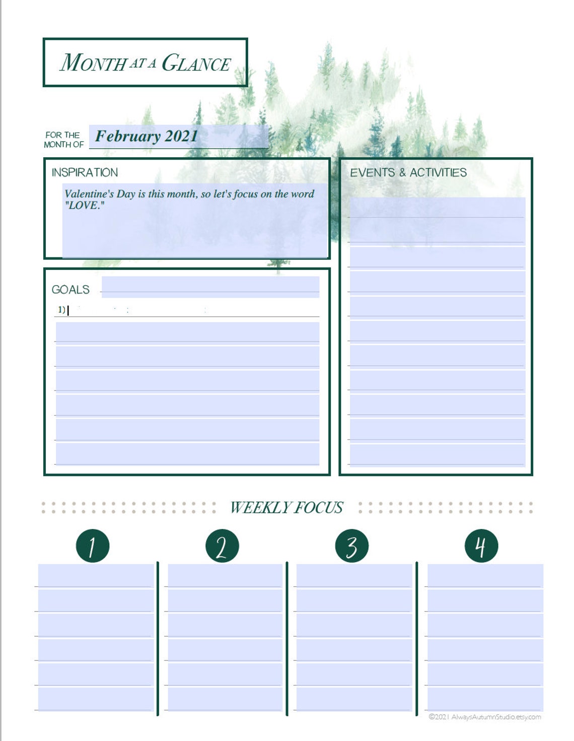 Misty Pine Month at a Glance Planner, Editable Printable (PDF) - Etsy