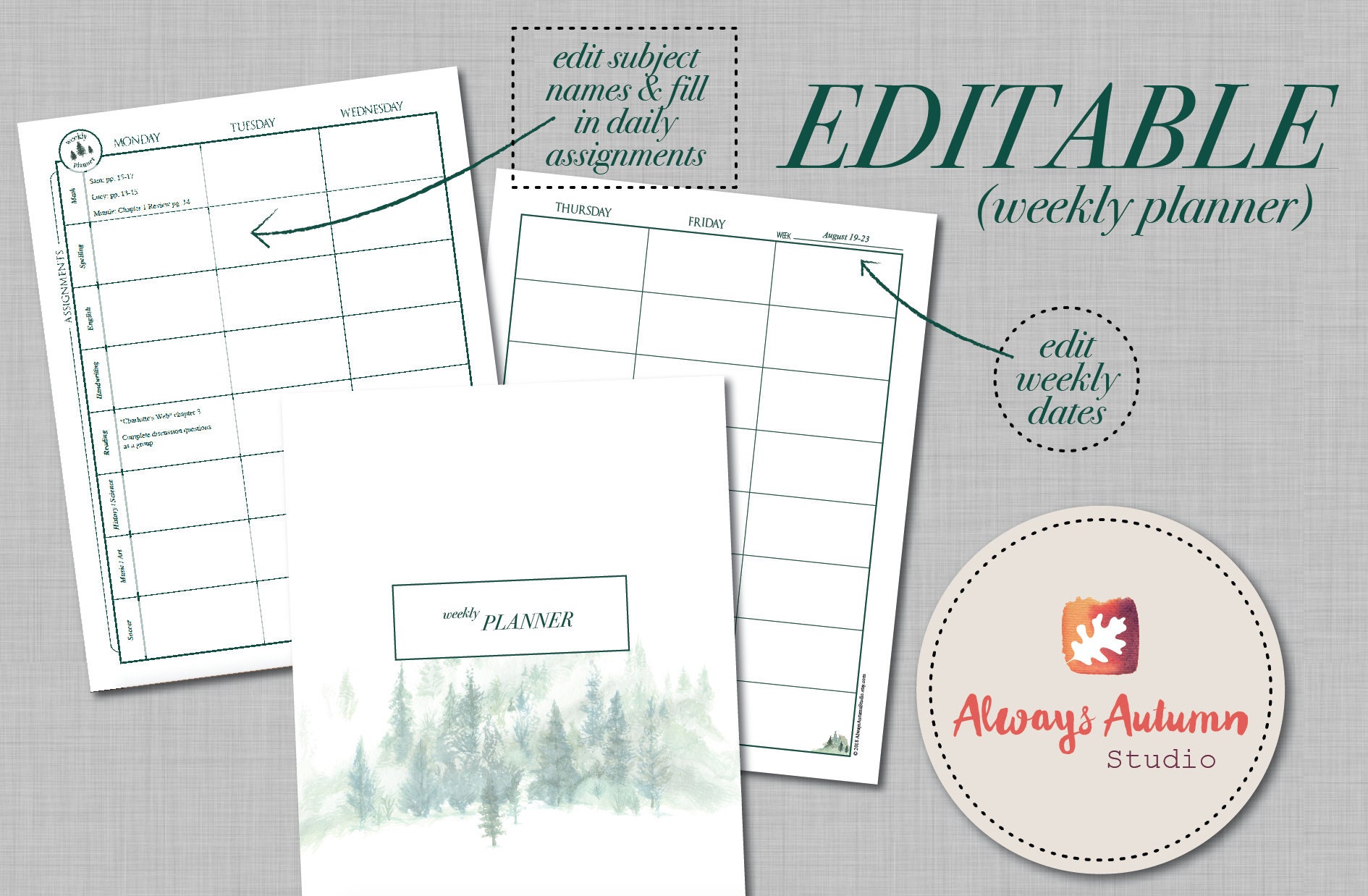 Editable Printable 8 Subject Assignment Weekly Lesson Plan Planner 5346