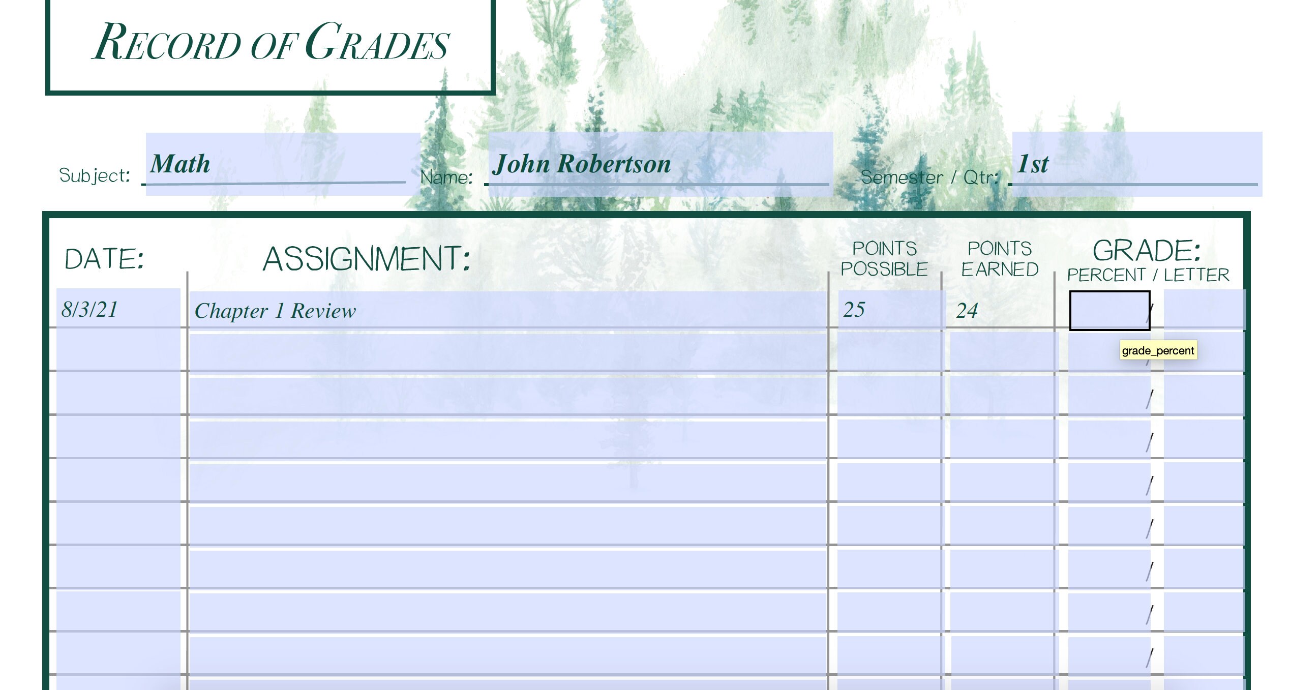 Editable and Printable Record of Grades Organizer Template Misty Pine ...