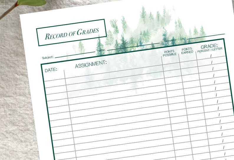 Editable and Printable Record of Grades Organizer Template Misty Pine ...