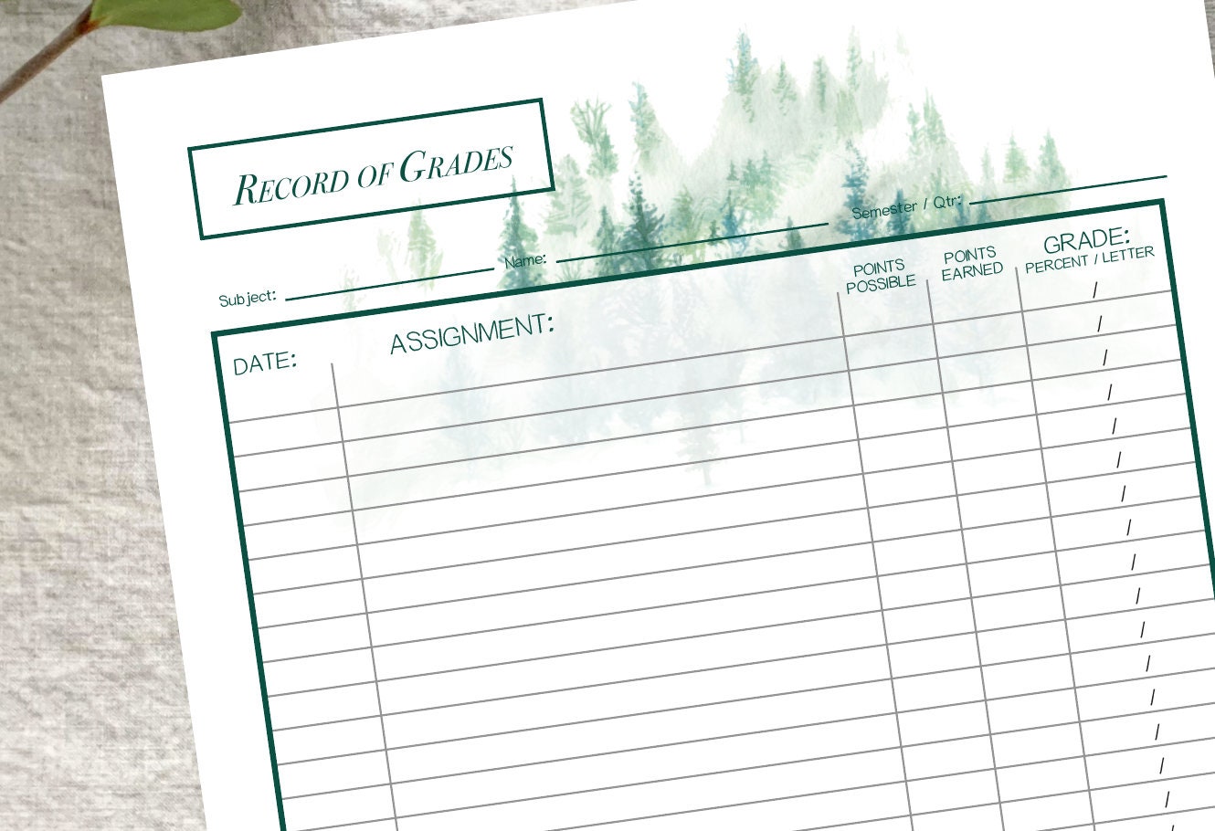 Editable and Printable Record of Grades Organizer Template Misty Pine ...