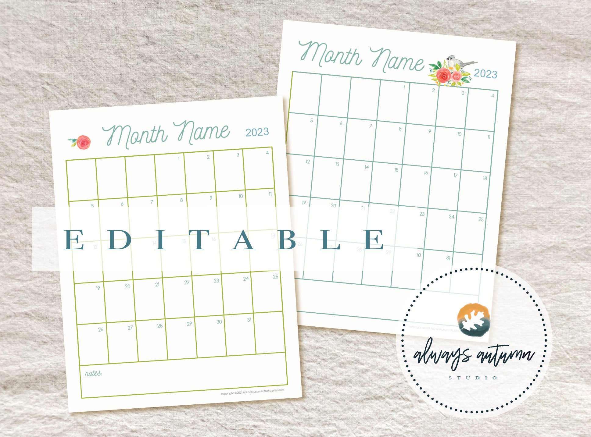 Perpetual Block Calendar / Printable Digital / Editable Watercolor Rose ...