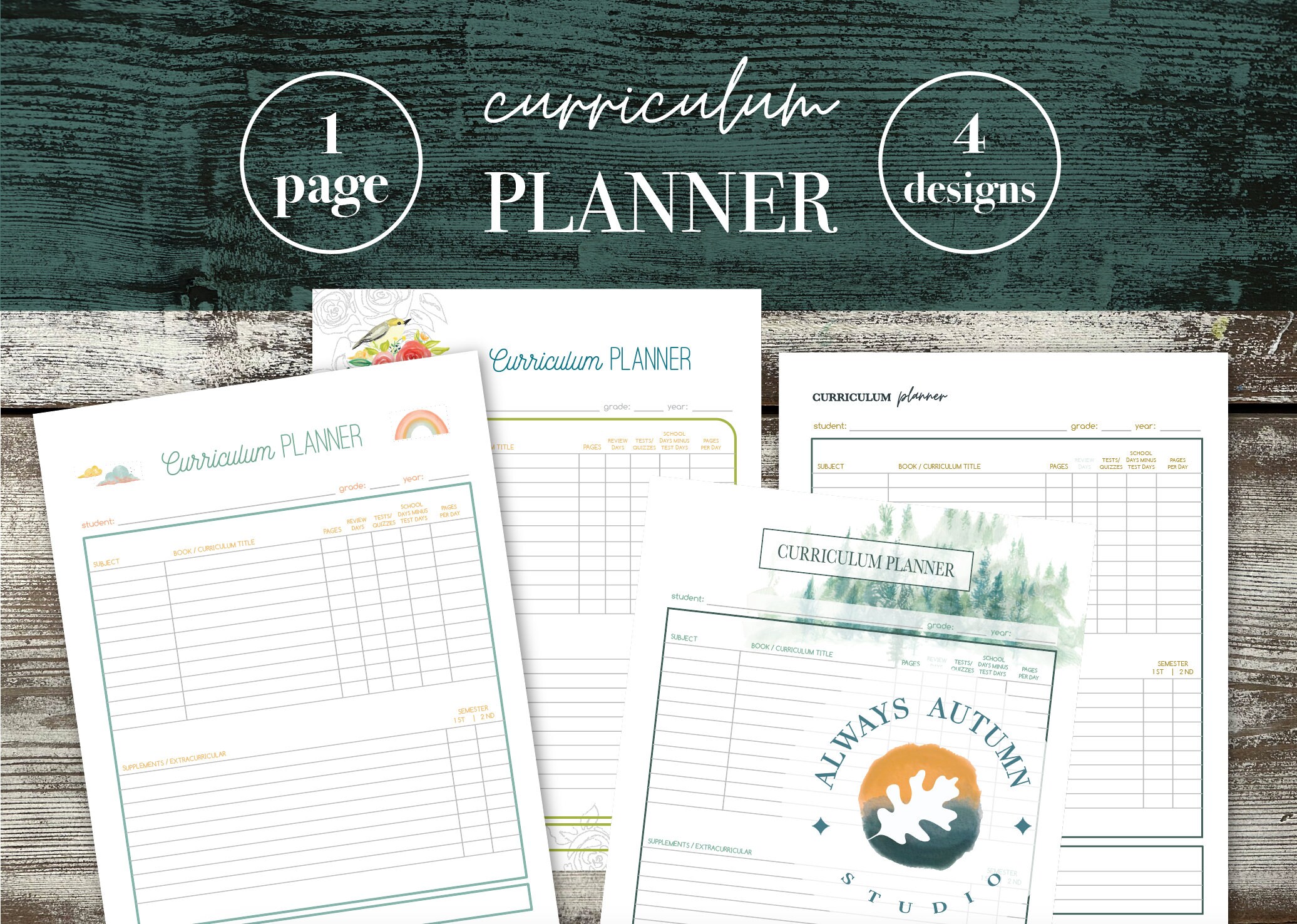 Printable Homeschool Curriculum Planner - One Page - Four Designs - PDF ...