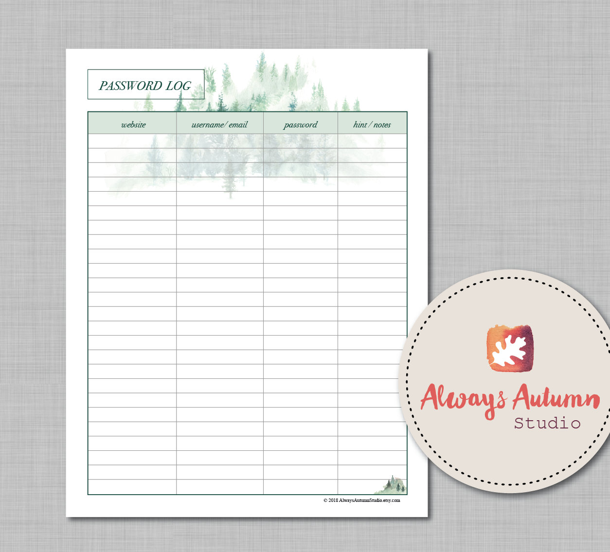 EDITABLE & Printable Password Log Keeper Organizer Template Misty Pine ...
