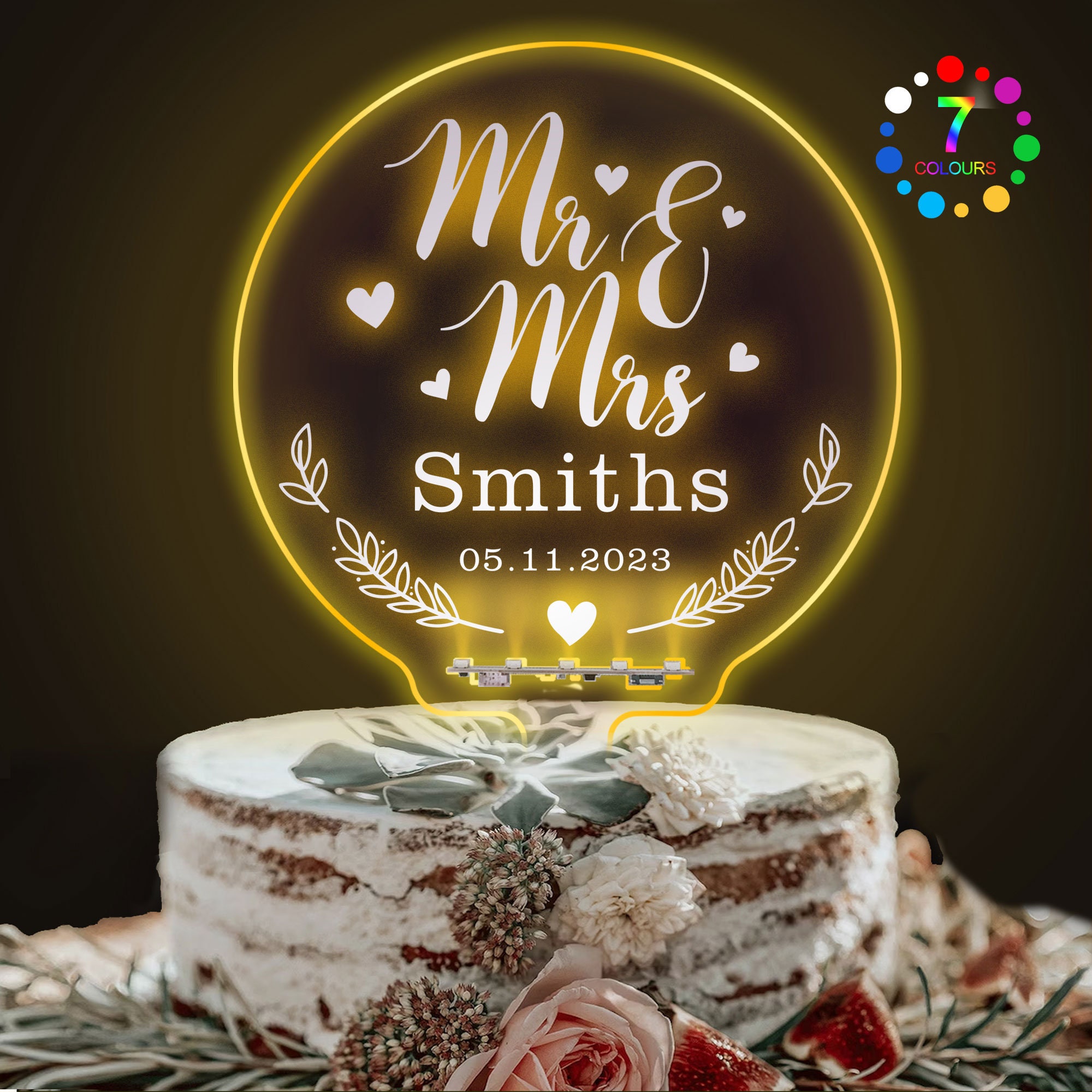 LED Personalised Wedding Cake Toppers 7 Colour Changes Light up Cake ...