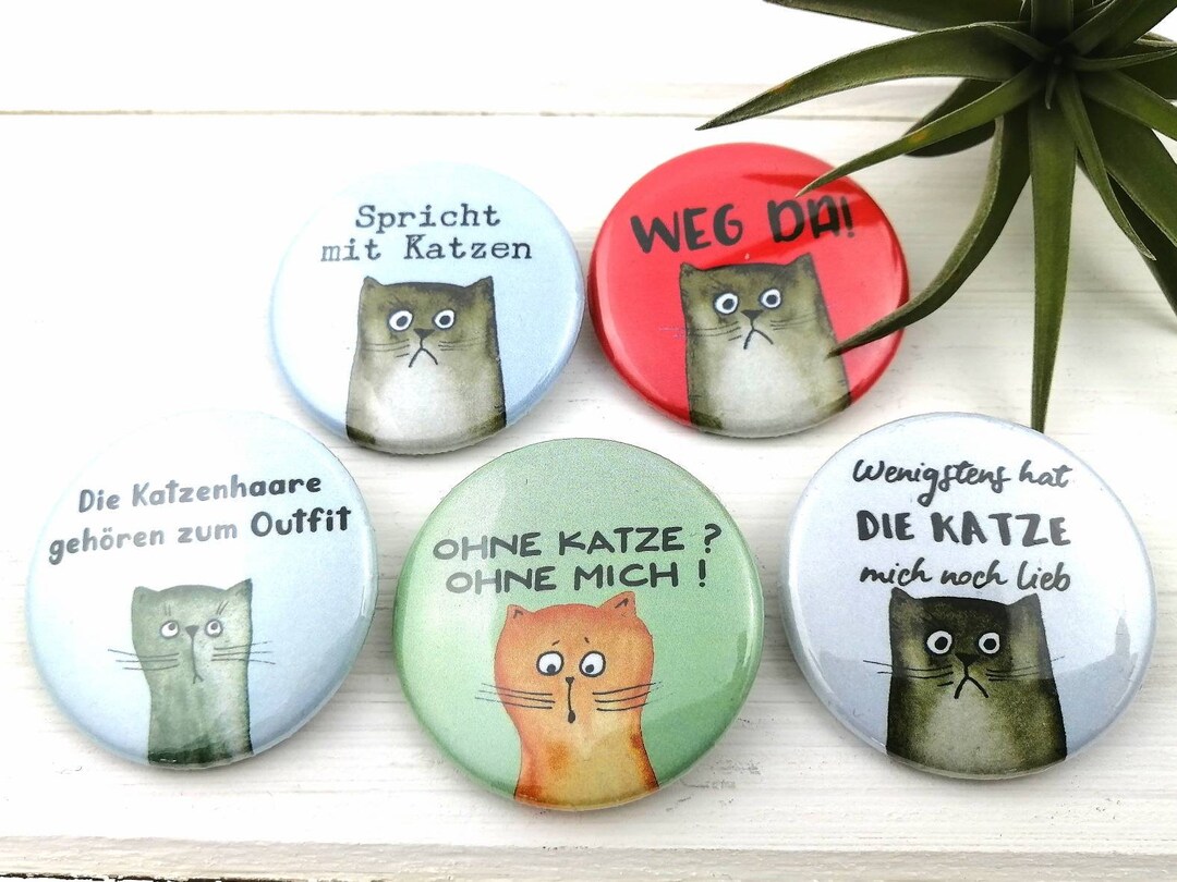 Cat Motif Button Set, Cheeky Cat Sayings, Illustrations With Funny ...