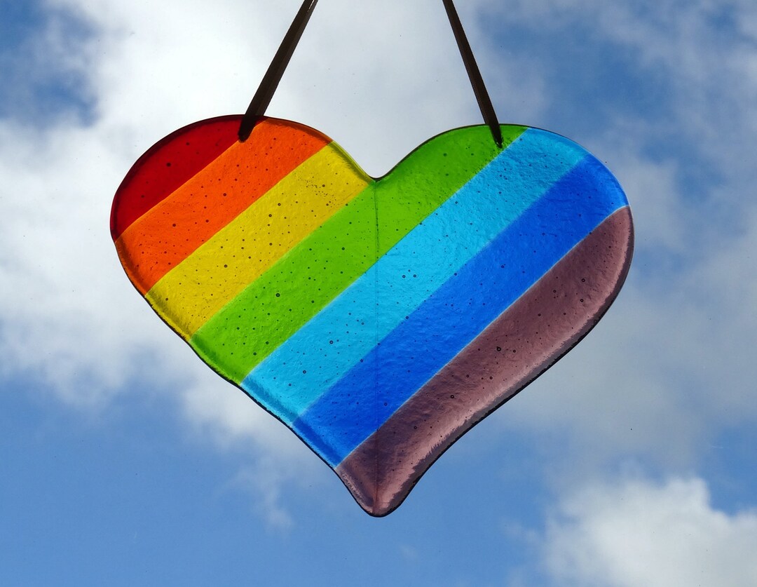 Fused Glass Rainbow Heart, Light Catcher Decoration, Stained Glass Art ...