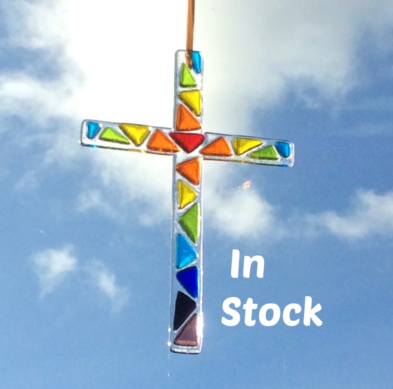 Fused glass cross light catcher stained glass art baptism | Etsy