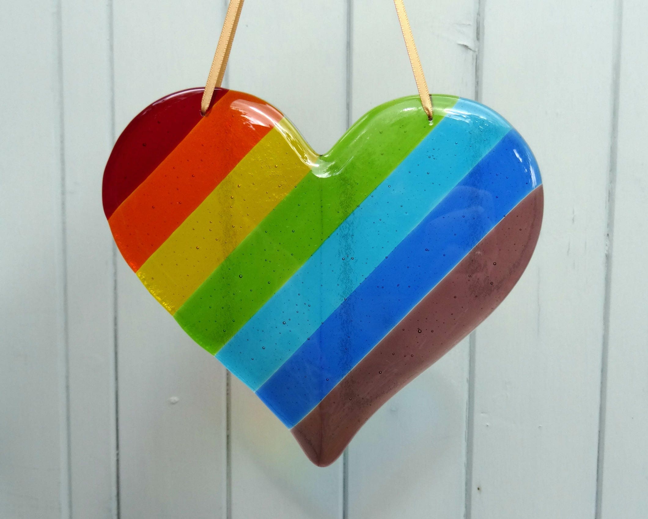 Fused glass rainbow heart light catcher decoration stained | Etsy