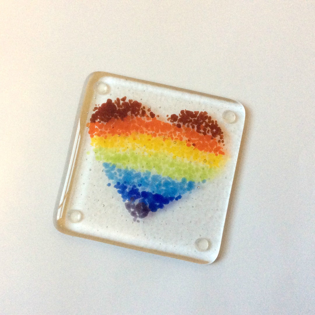 Rainbow Heart Coaster, Fused Glass Coaster, Gift for Her, Glass Art ...