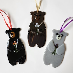 Fused Glass Bear With Flowers Decoration, Light Catcher, Glass Art - Etsy