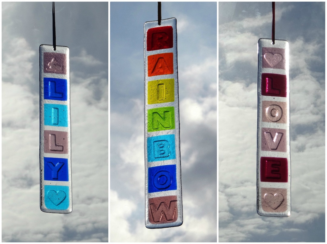 Personalised Name Light Catcher, Fused Glass Word, Rainbow Glass, Glass ...