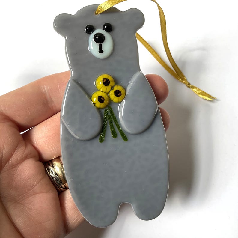 Fused Glass Bear With Flowers Decoration, Light Catcher, Glass Art - Etsy