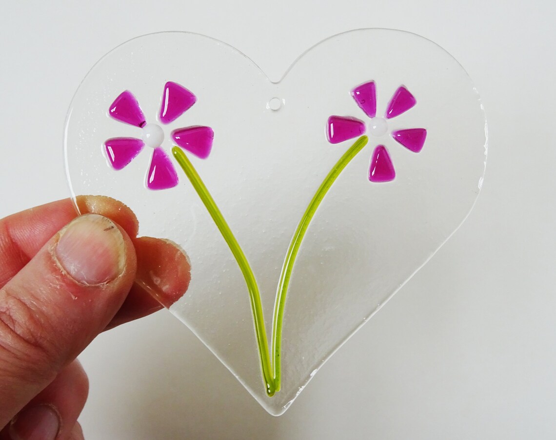 Flower Fused Glass Heart Heart Light Catcher Forget Me Not - Etsy
