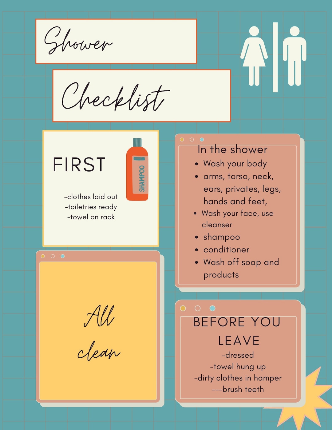 Shower Checklist in Vintage Style Colours for Neurodivergent Teens and ...