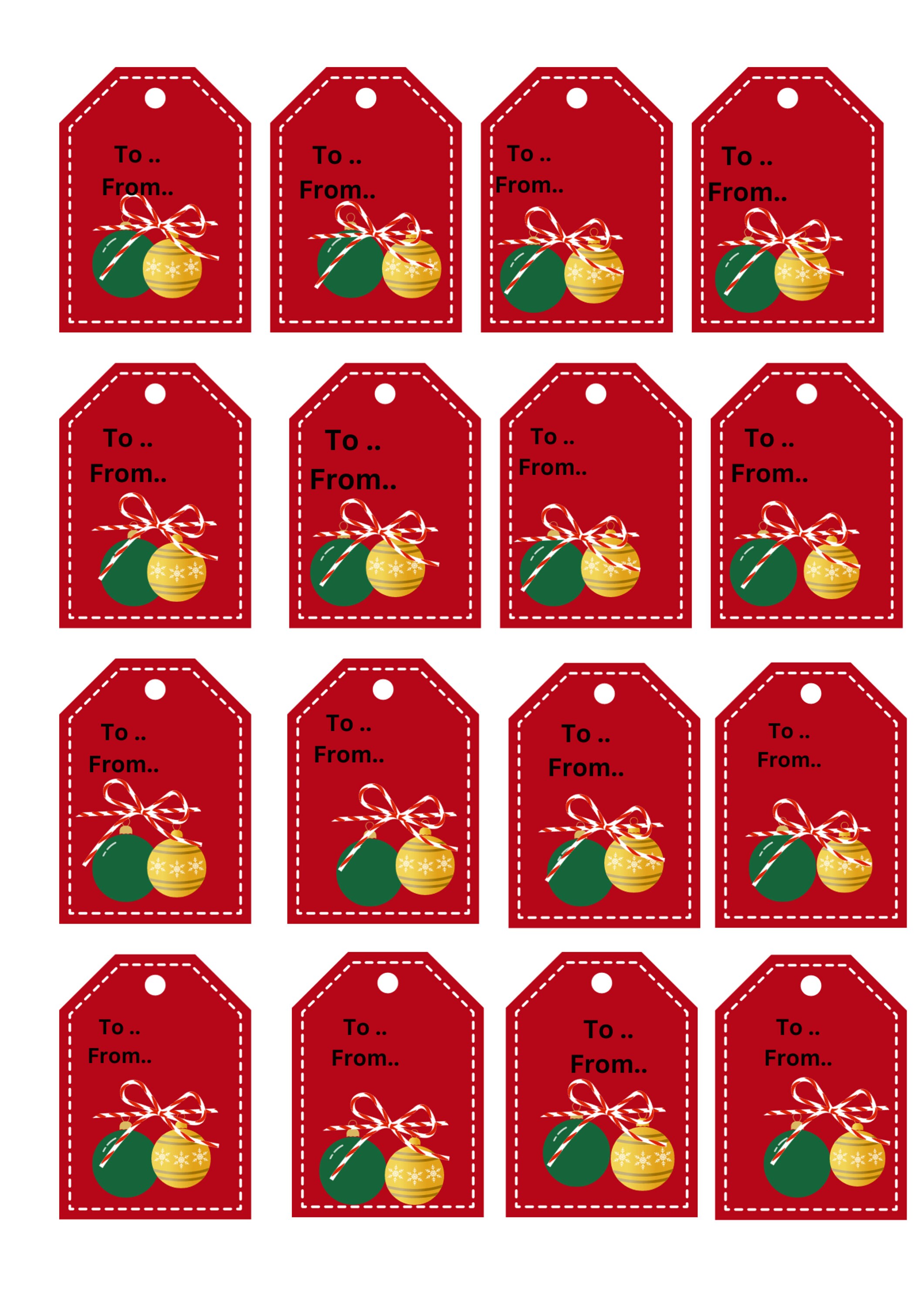 Printable Red Christmas Gift Tags With Green and Gold Christmas Baubles ...