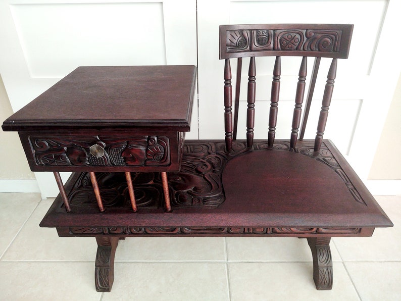 Rare Vintage Gossip Bench, Telephone Table Chair, Handcrafted Honduras ...