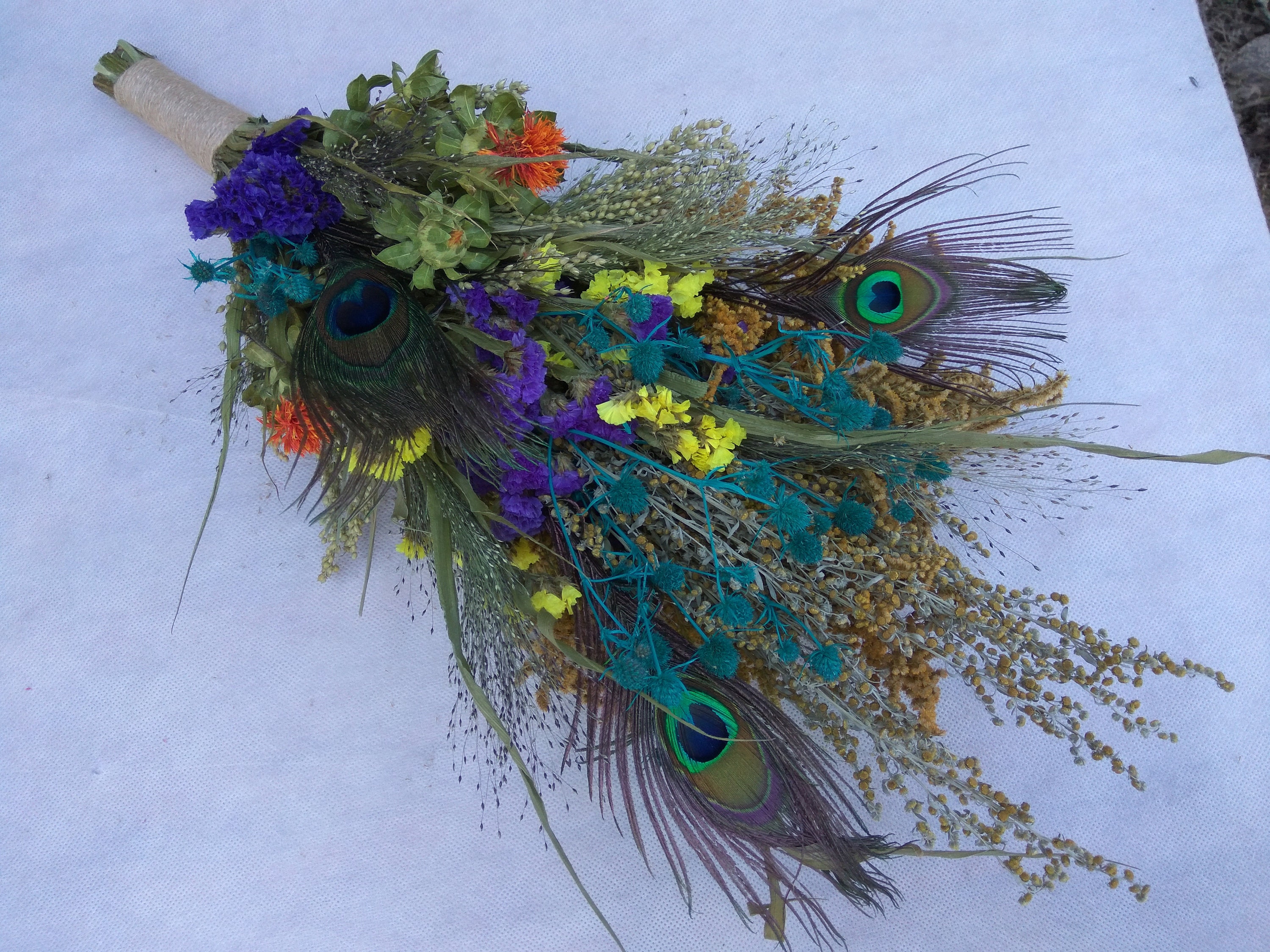Peacock feather bouquet Turquoise blue thistle bouquet | Etsy