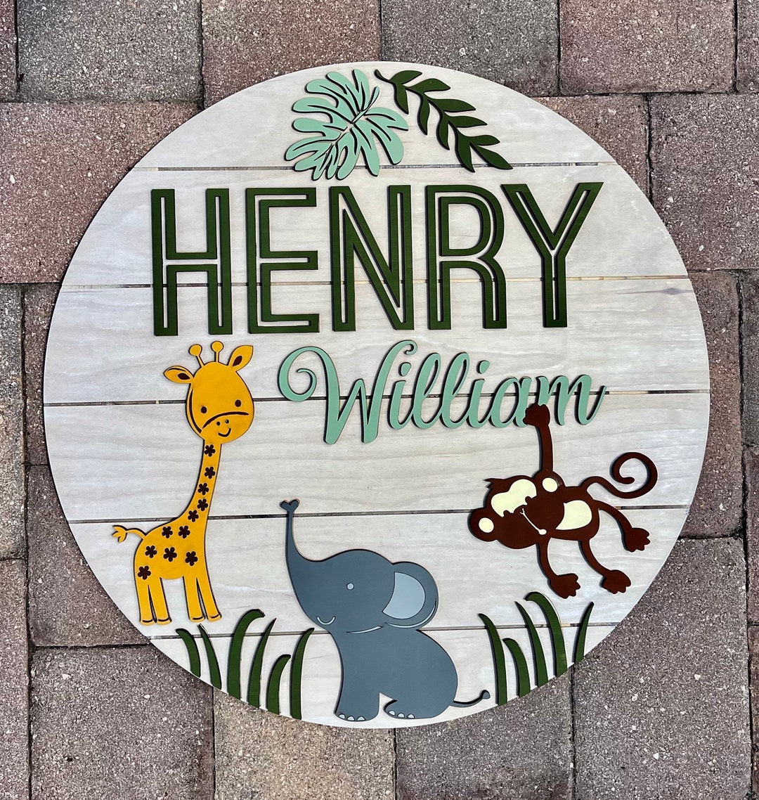 Nursery Name Sign, Jungle Animal Woodland Name Sign, Rustic Baby Name ...