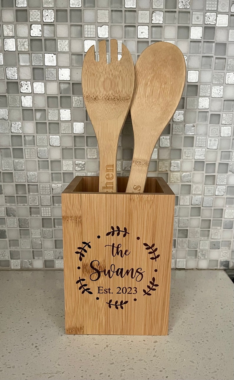 Personalized Bamboo Utensil Holder, Wooden Kitchen Utensil Set, Custom ...