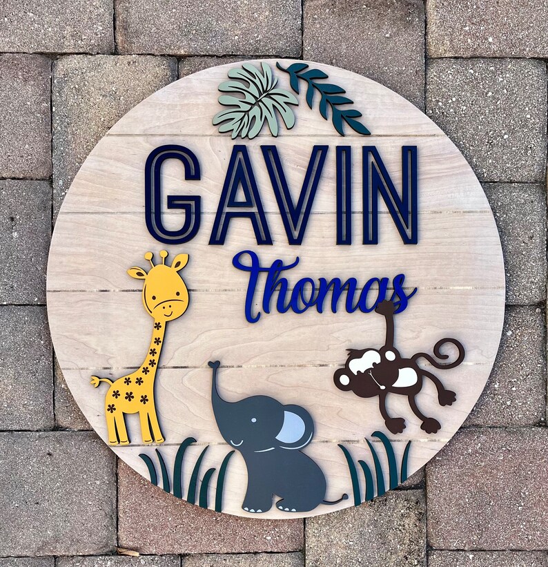 Nursery Name Sign, Jungle Animal Woodland Name Sign, Rustic Baby Name ...
