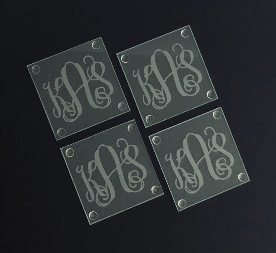 Monogram Glass Coasters, Personalized Laser Engraved Set of 4, Wedding ...