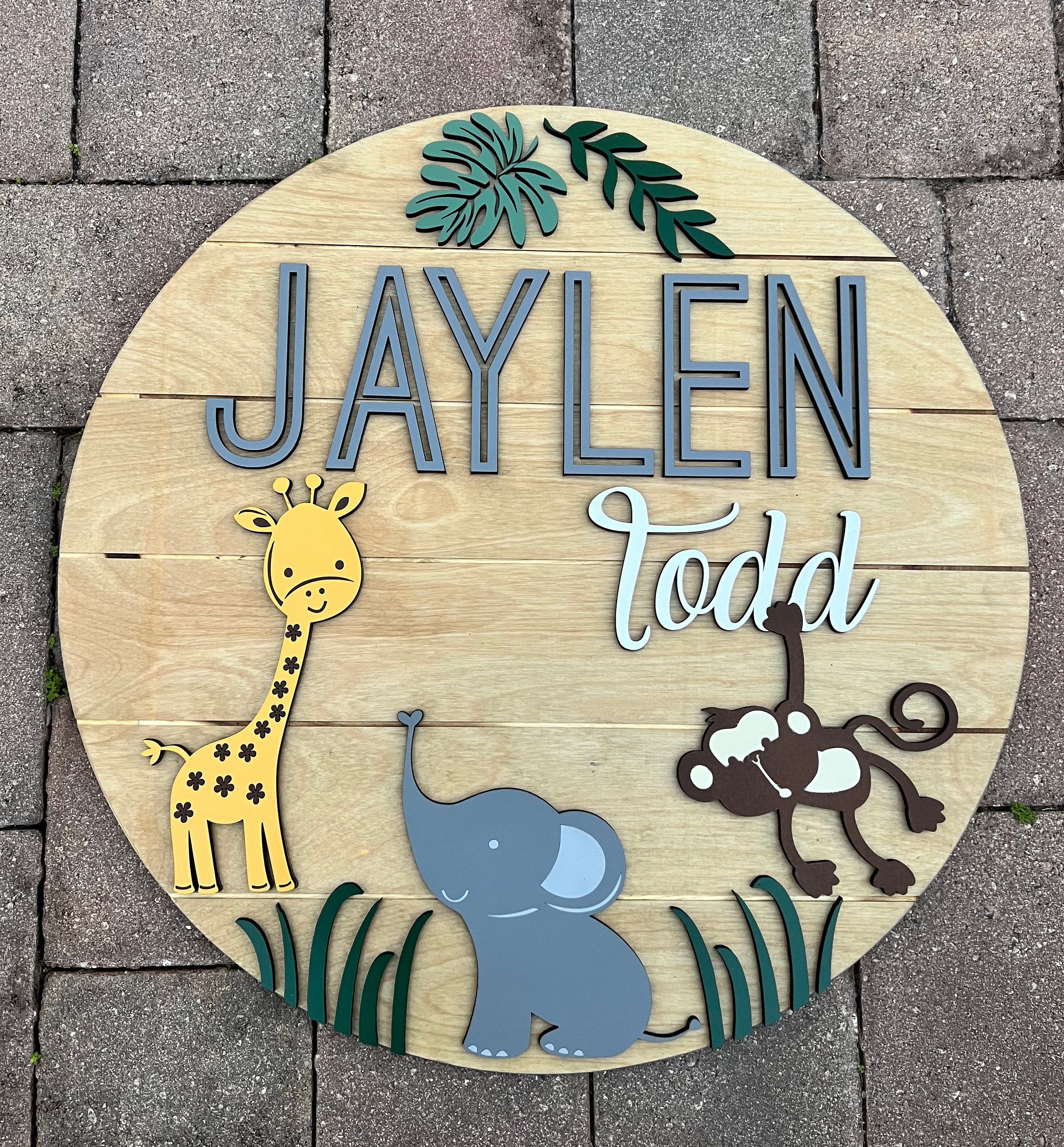 Nursery Name Sign, Jungle Animal Woodland Name Sign, Rustic Baby Name ...