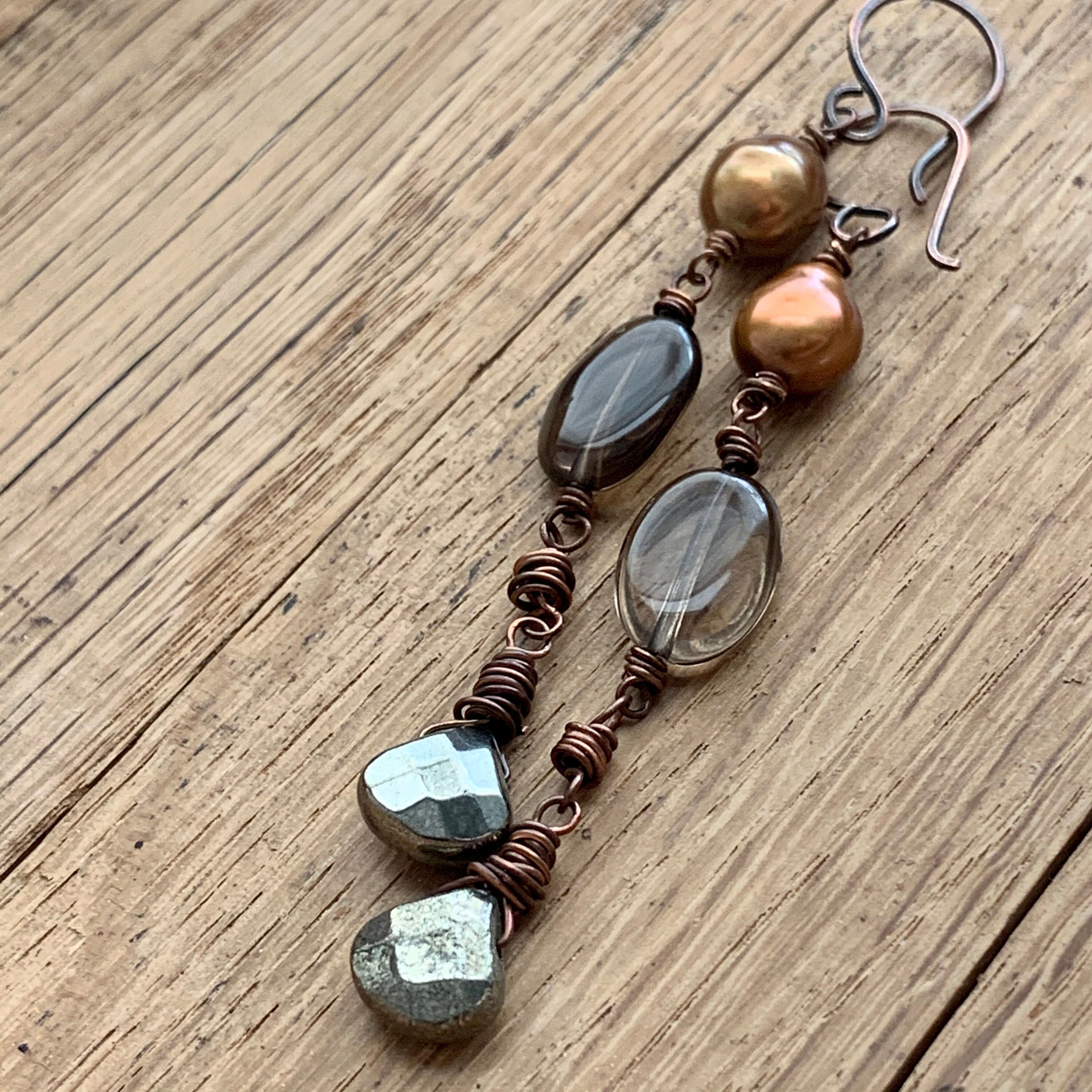 Antique Copper & Gemstone Earrings. Pearls Smoky Quartz and | Etsy