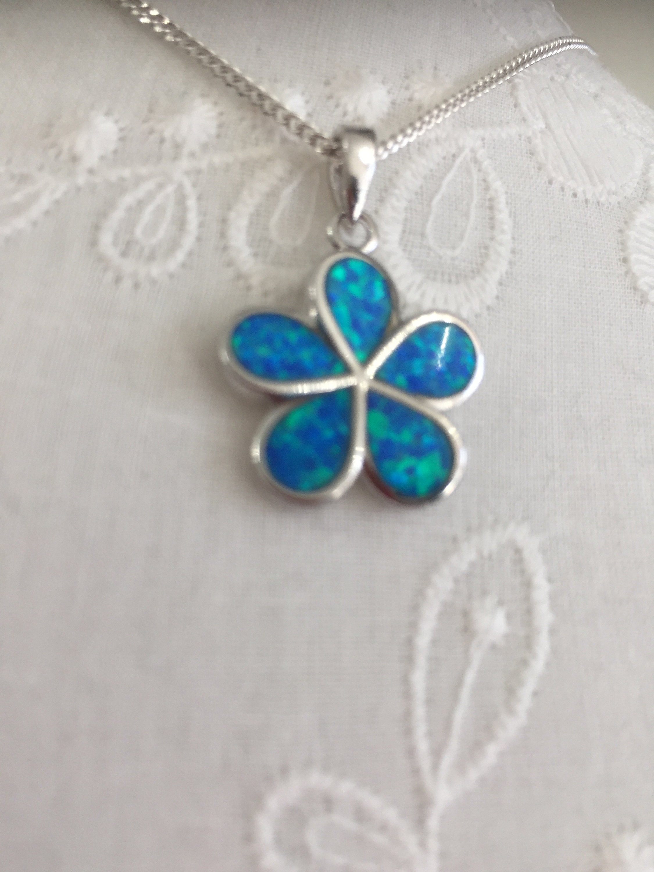 Blue Opal Flower Silver Pendant Necklace - Etsy