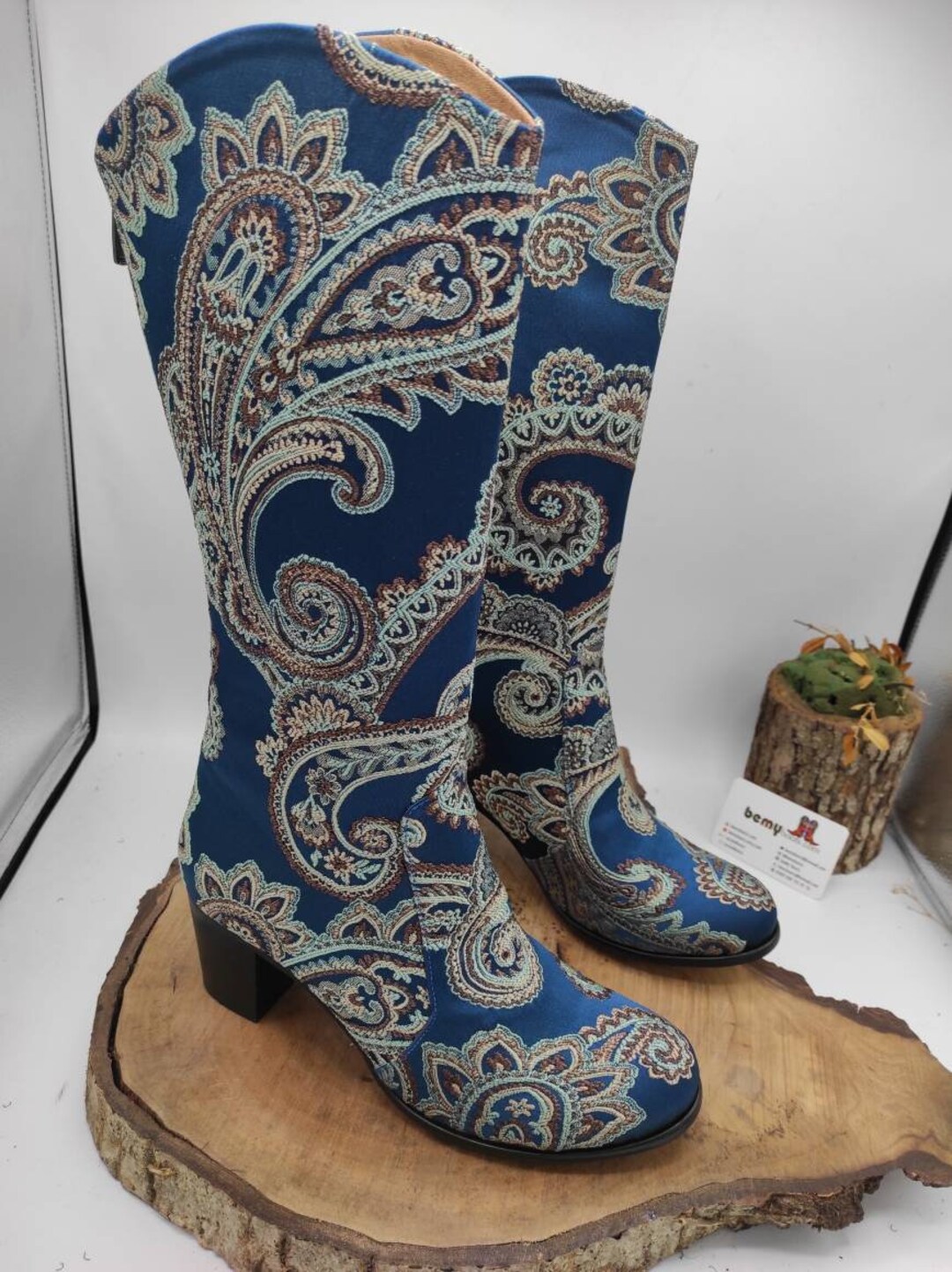 Custom Made Genuine Leather Tapestry Boots, Platform Toe Chunky Heel ...