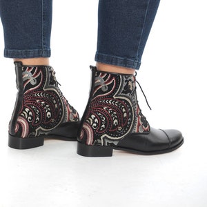 Black Leather Ankle Boots, Ethnic Pattern, Low Heel Booties, Round Toe ...
