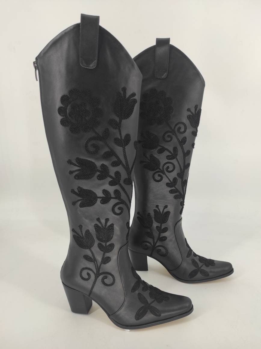 Embroidered Leather Cowboy Boots: Custom Made Suzani Tall Boots - Etsy