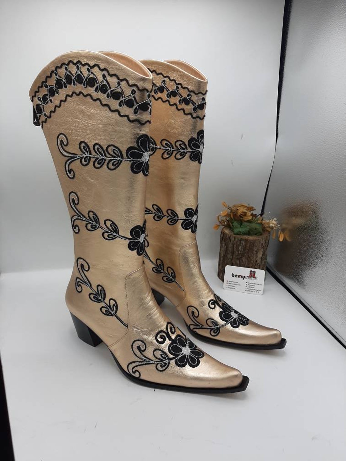 Cowboy Boots Genuine Leather Custom Made Pointy Toe Golden - Etsy