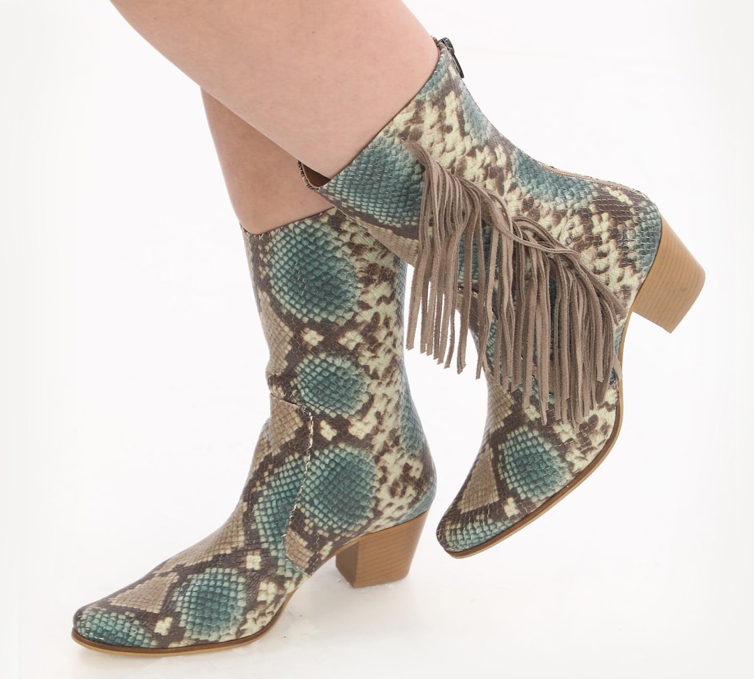 Python Embossed Leather Fringe Ankle Boots: Custom Cowboy Booties - Etsy