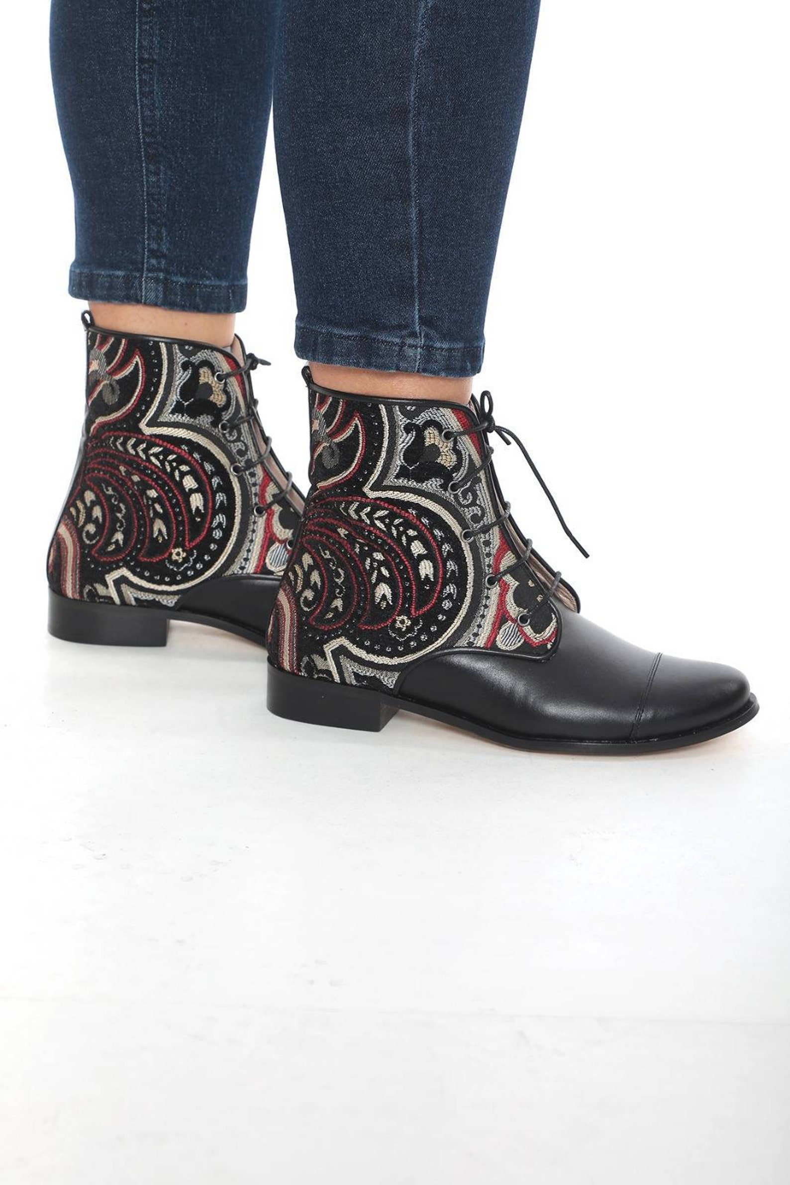 Black Leather Ankle Boots Ethnic Pattern Low Heel Booties - Etsy