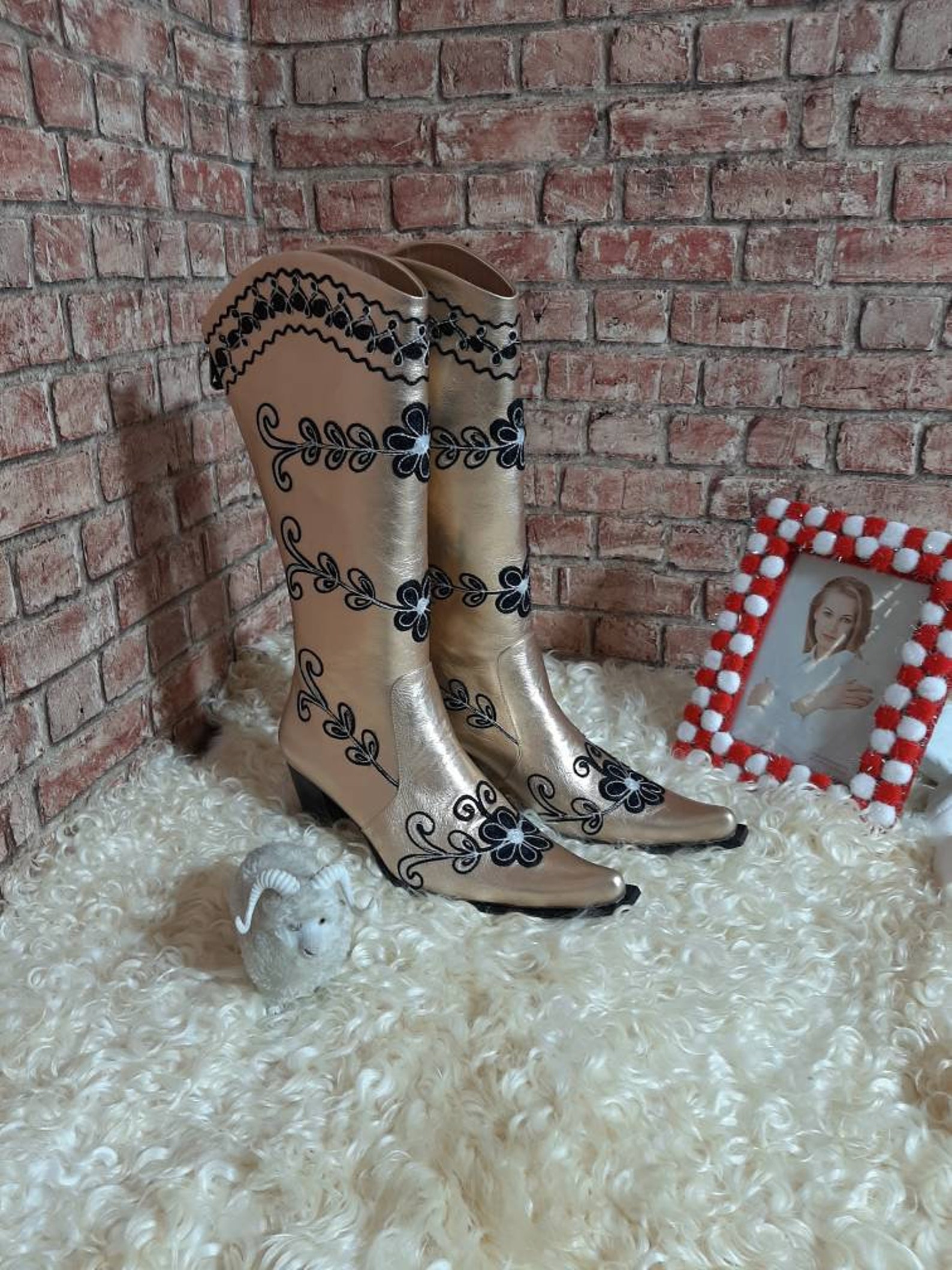 Cowboy Boots Genuine Leather Custom Made Pointy Toe Golden - Etsy