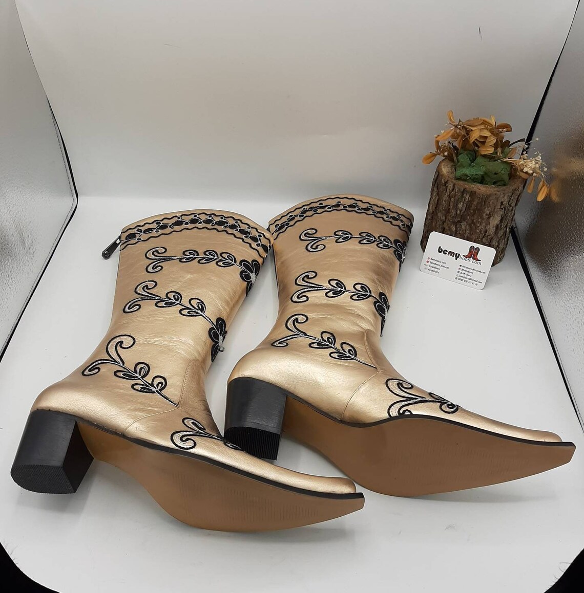 Cowboy Boots Genuine Leather Custom Made Pointy Toe Golden - Etsy