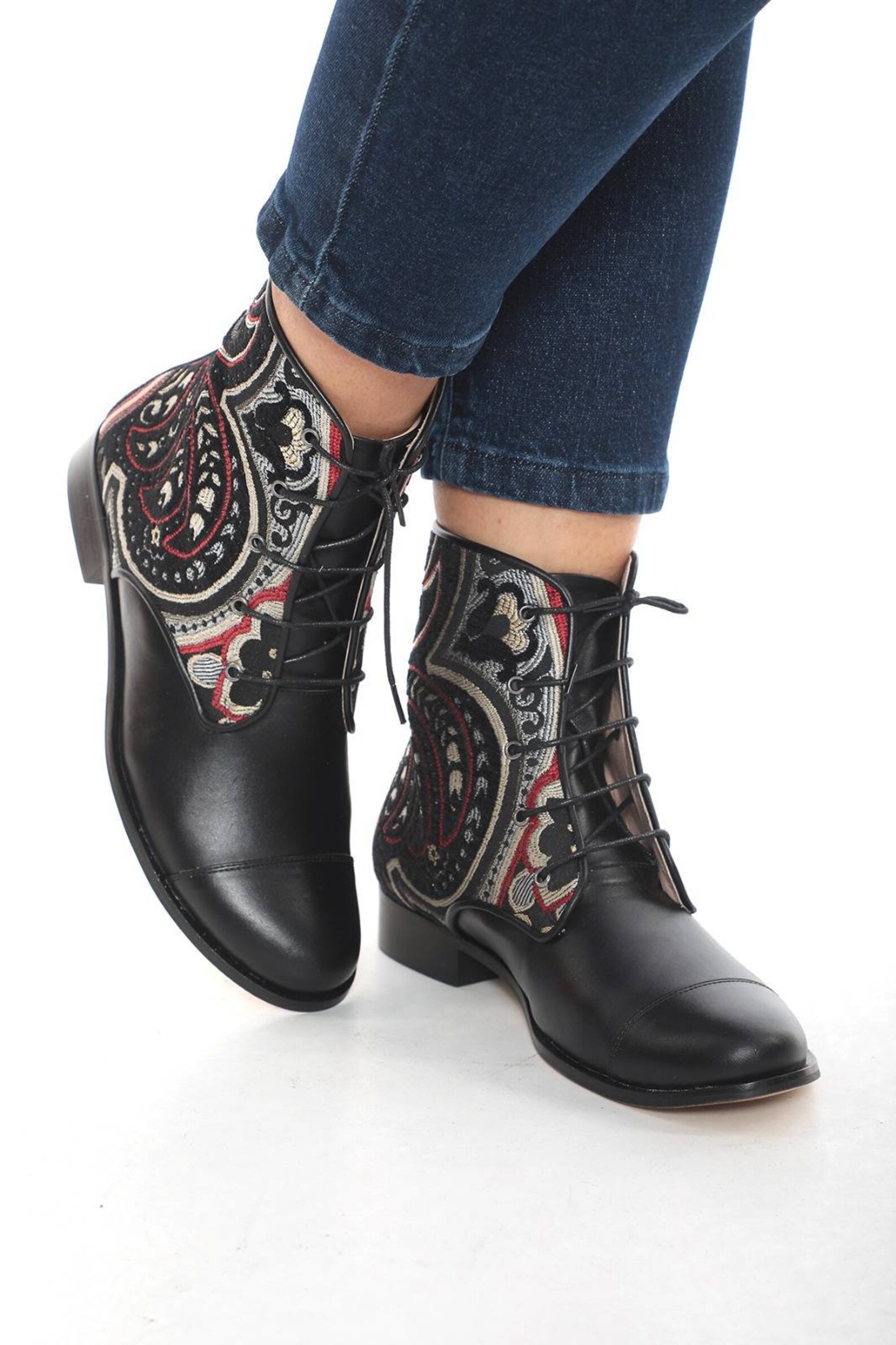 Black Leather Ankle Boots Ethnic Pattern Low Heel Booties - Etsy