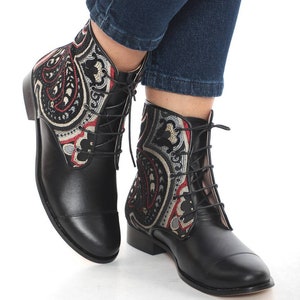 Black Leather Ankle Boots, Ethnic Pattern, Low Heel Booties, Round Toe ...