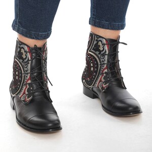 Black Leather Ankle Boots, Ethnic Pattern, Low Heel Booties, Round Toe ...