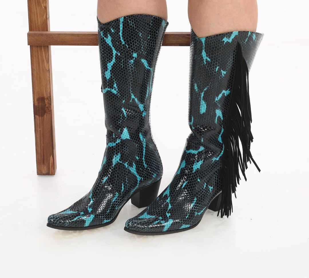 Python Leather Fringe Cowboy Boots: Suzani Knee High Heel - Etsy