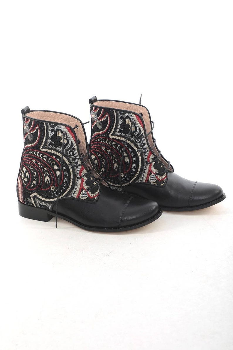 Black Leather Ankle Boots Ethnic Pattern Low Heel Booties - Etsy