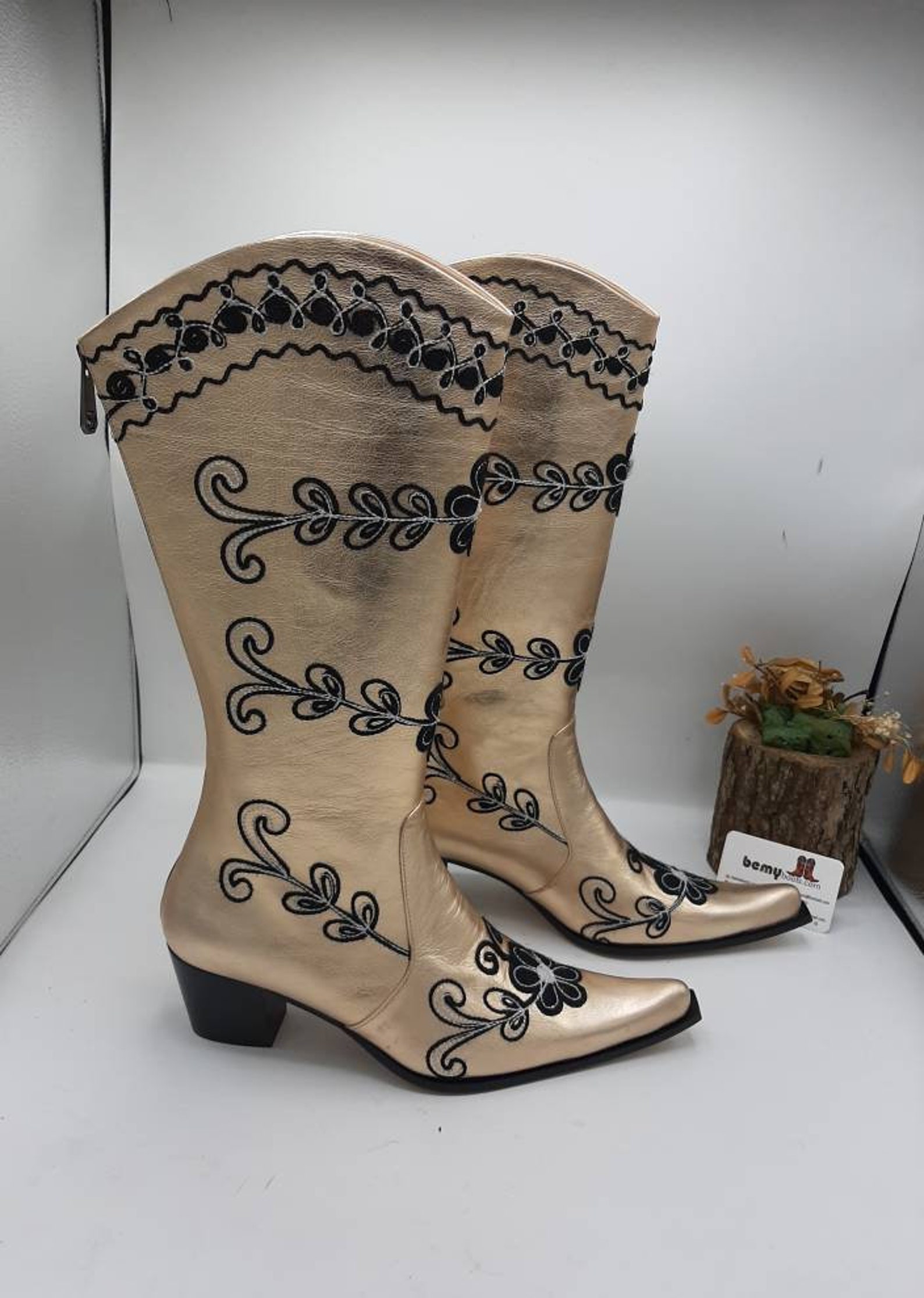 Cowboy Boots Genuine Leather Custom Made Pointy Toe Golden - Etsy