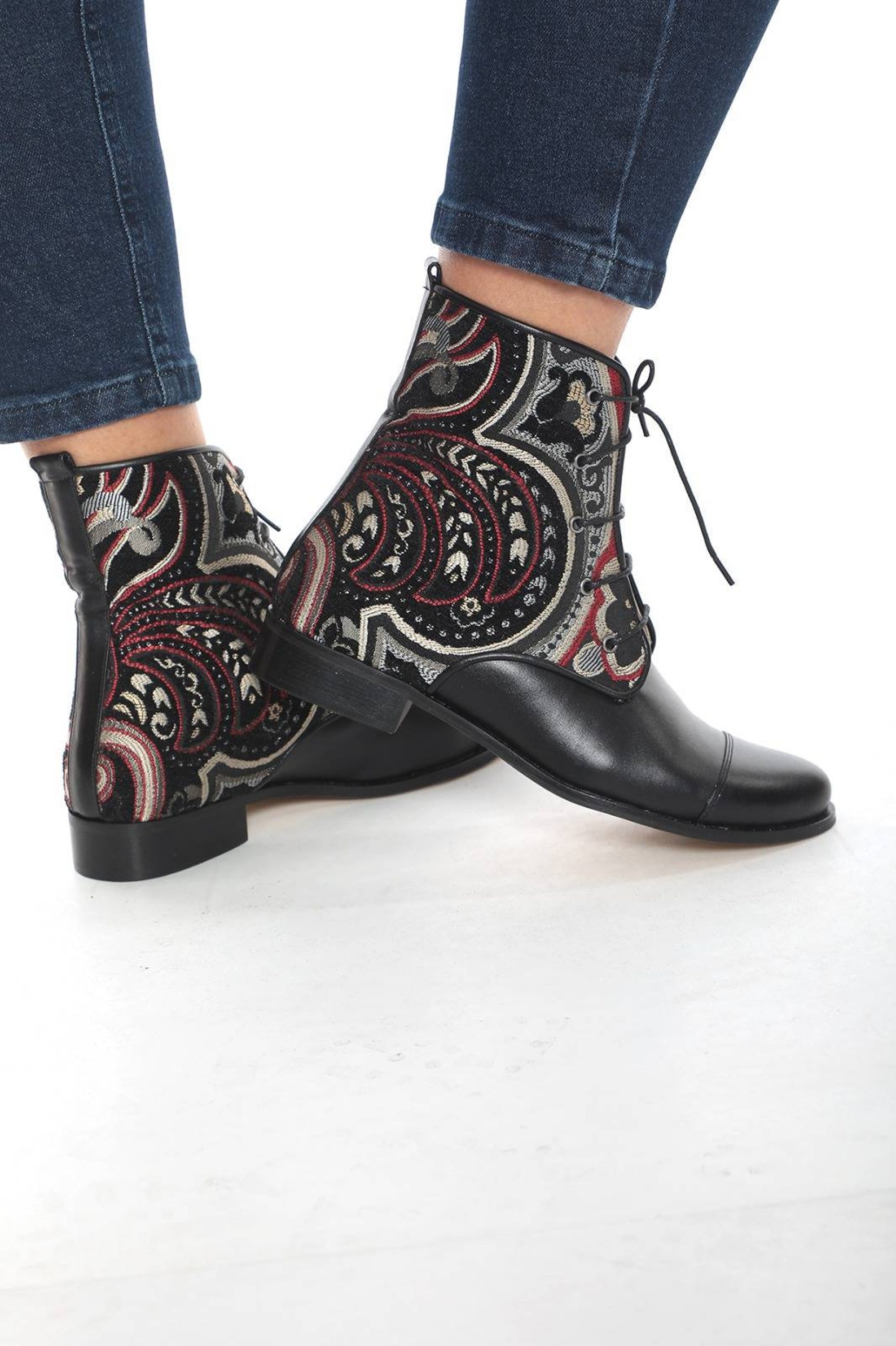 Black Leather Ankle Boots Ethnic Pattern Low Heel Booties - Etsy