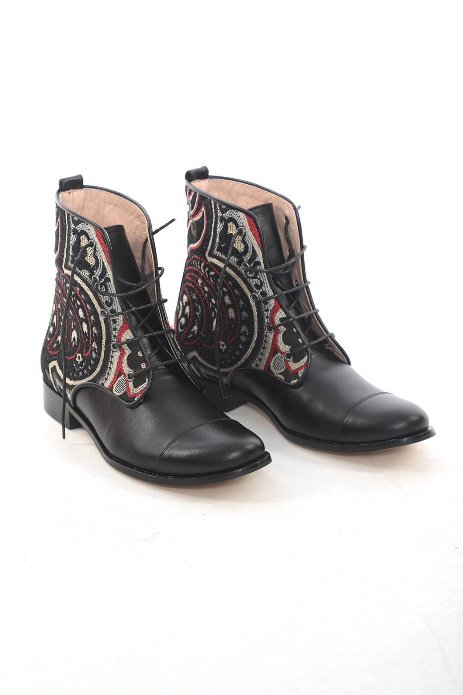 Black Leather Ankle Boots Ethnic Pattern Low Heel Booties - Etsy