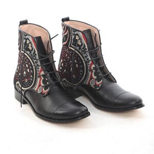 Black Leather Ankle Boots, Ethnic Pattern, Low Heel Booties, Round Toe ...