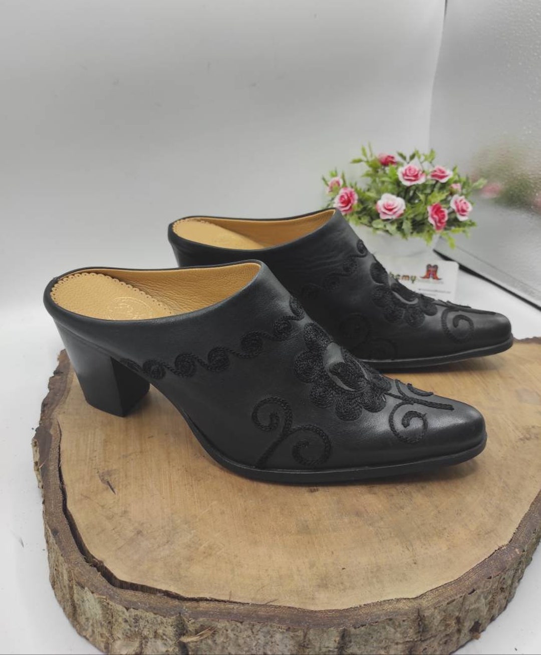 Handmade Leather Heeled Mules: Embroidered Floral Clogs - Etsy