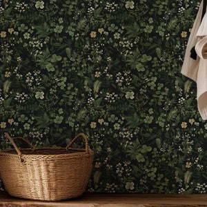 Dark Botanical Peel and Stick Wallpaper, Fern and Floral Wall Mural ...