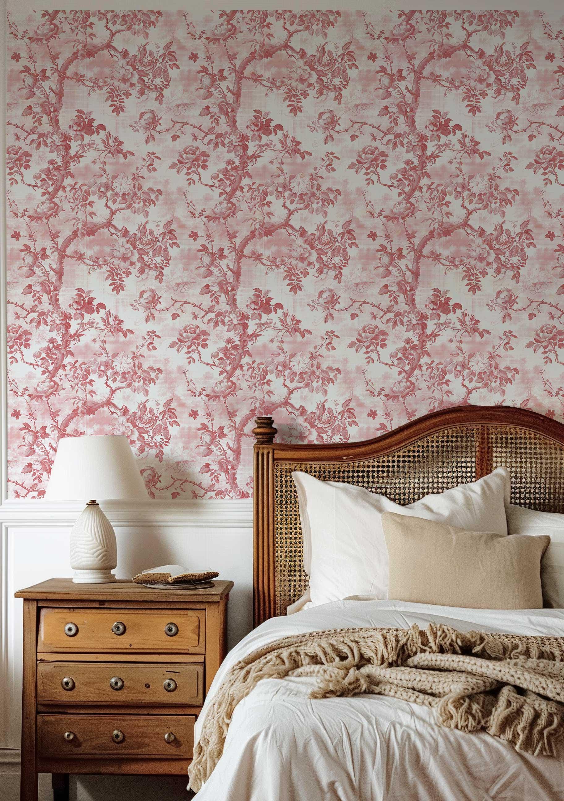 Rococo Peel and Stick Pink Rose Wallpaper, Removable French Toile Wall ...